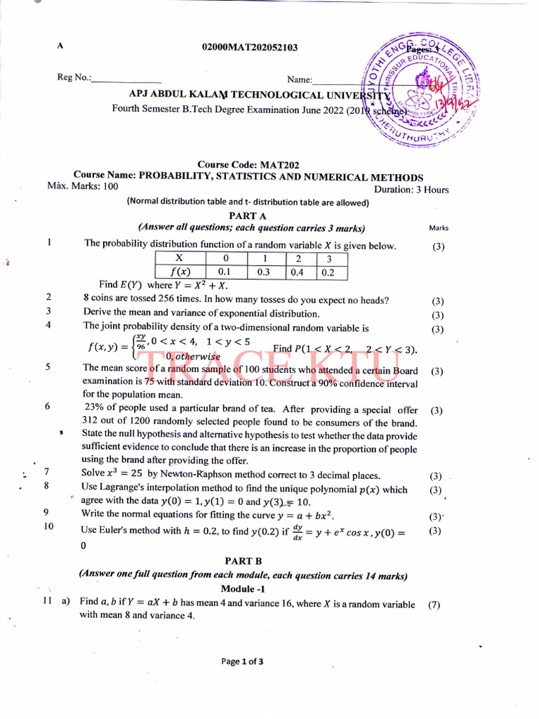 Mat202 Probability, Statistics and Numerical Methods, June 2022 | PDF ...