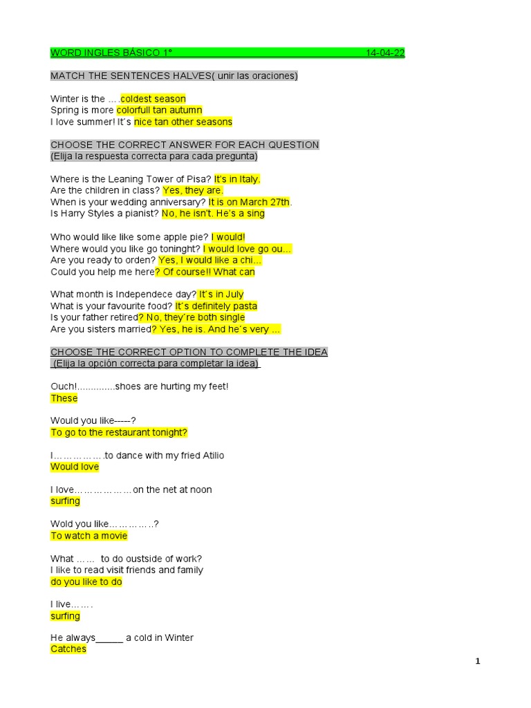 Ingles Basico 1° Parcial 14-04-22 | PDF