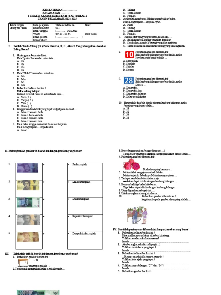 SOAL PAT KLS 1 Bahasa Indonesia | PDF