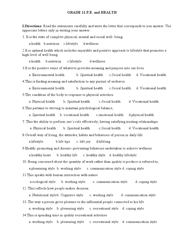 GRADE 11 PE Midterm 2nd Sem | PDF | Behavioural Sciences | Cognition