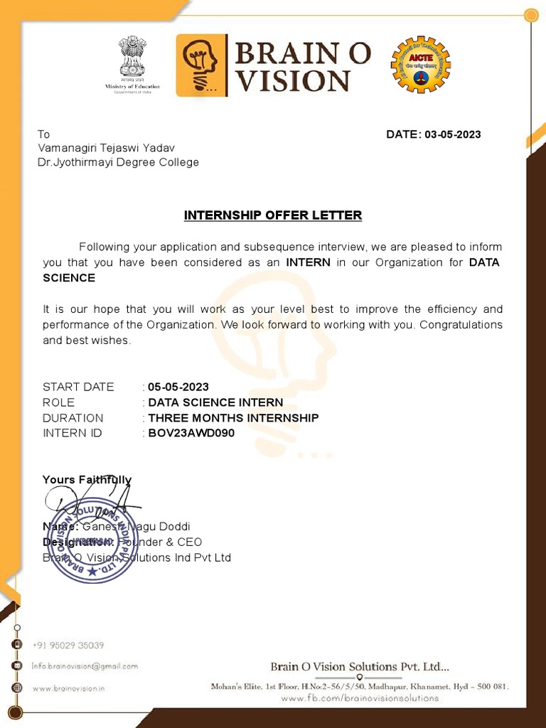 Data Science Internship Offer Letter | PDF
