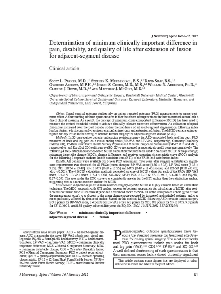 Determination of Minimum Clinically Important Difference in Pain, Disability, and Quality of ...