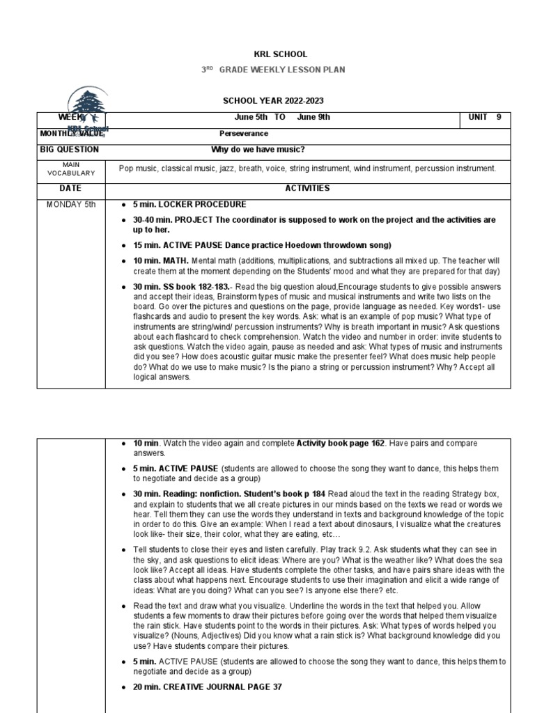 3rd Grade Music Lesson Plan | PDF | Question | Books