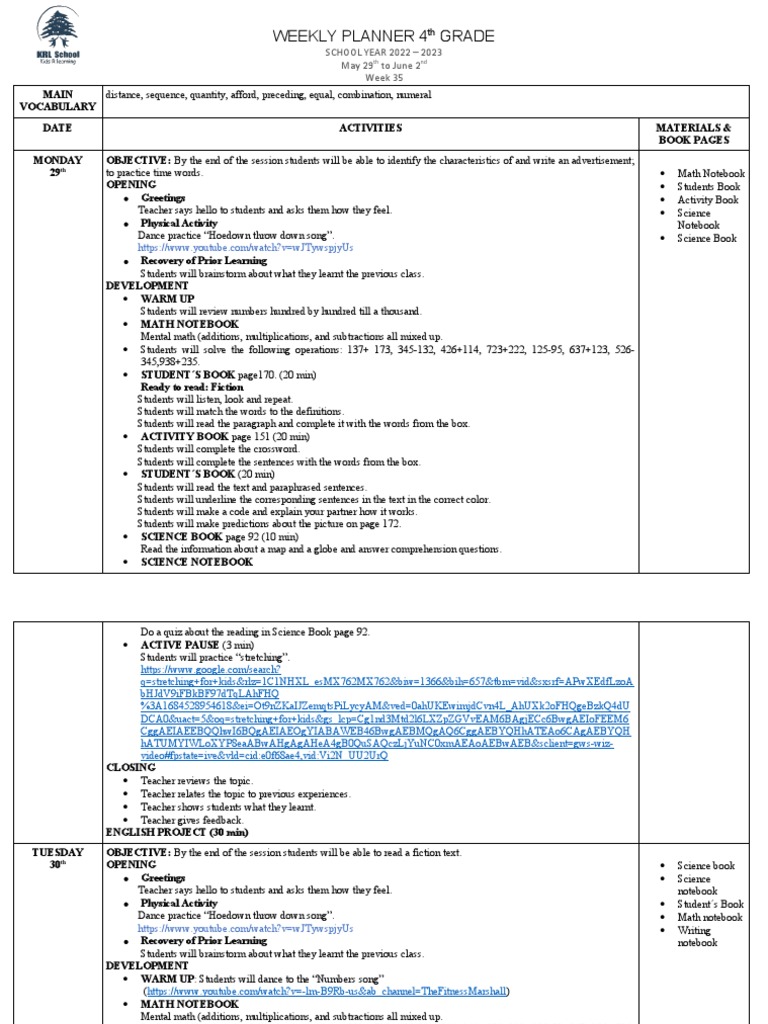 4th Grade Lesson Plan May 29th To June 2nd | PDF | Reading ...