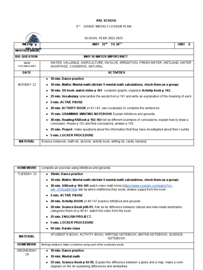 4th Grade Weekly Lesson Plan May 22nd To May 26th | PDF | Books | Cognition