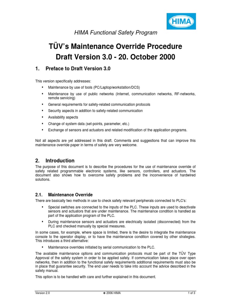TUV Maintenance Overide Procedure | PDF | Programmable Logic Controller ...
