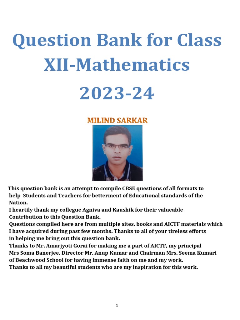 Class XII Mathematics Question Bank 2023-24 | PDF | Matrix (Mathematics) | Determinant