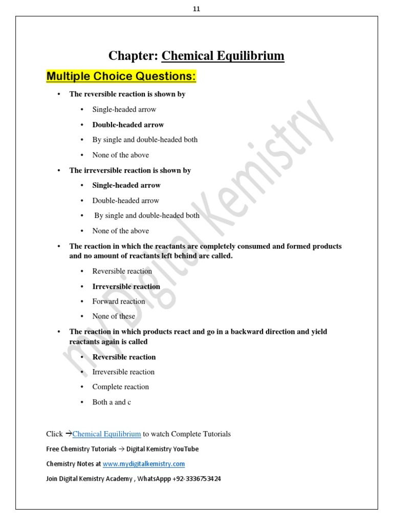 Chemical Equilibrium Class 10 Mcqs PDF | PDF | Chemical Equilibrium ...