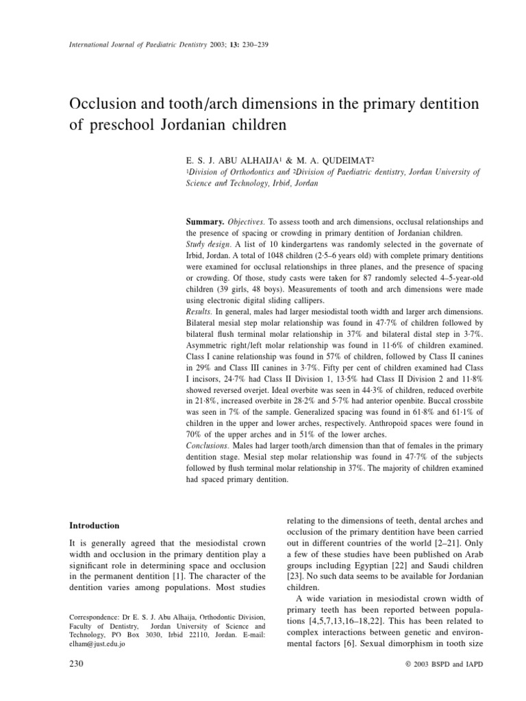 Occlusion and Tooth /arch Dimensions in The Primary Dentition of ...