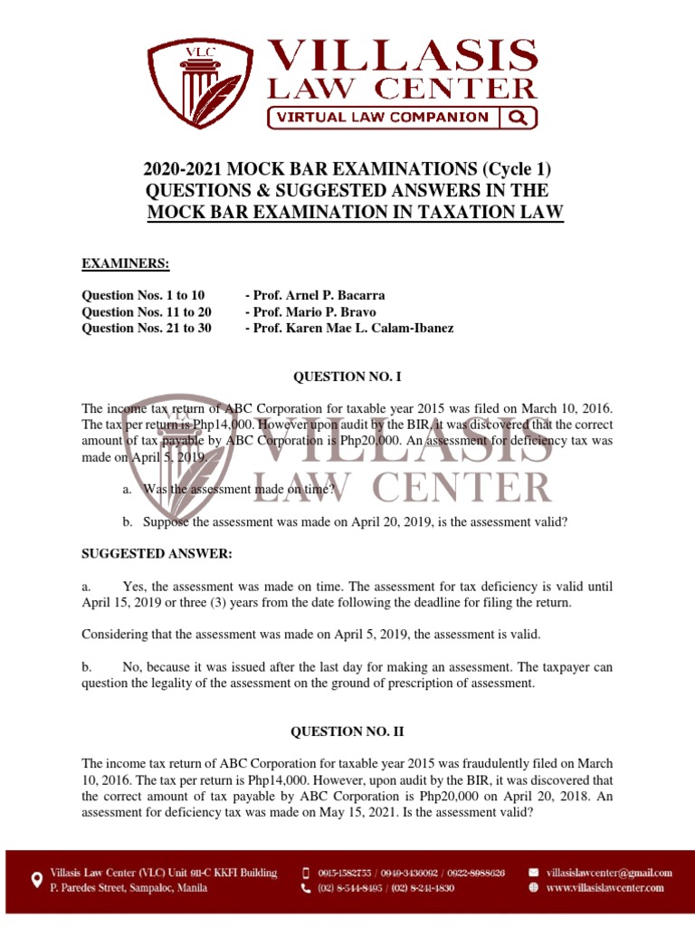 Suggested Answers in The Mock Bar Examination in Taxation Law v1 FINAL ...