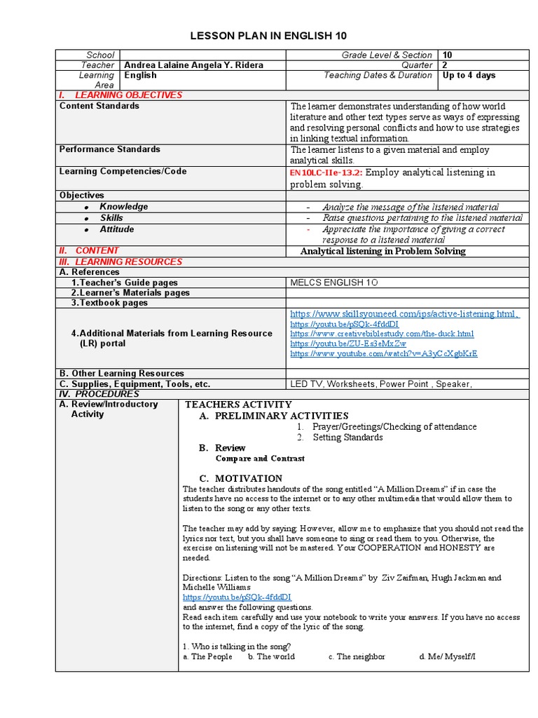 Ridera DLP Eng g10 q1 Melc 5 Week 5 | PDF | Communication | Learning
