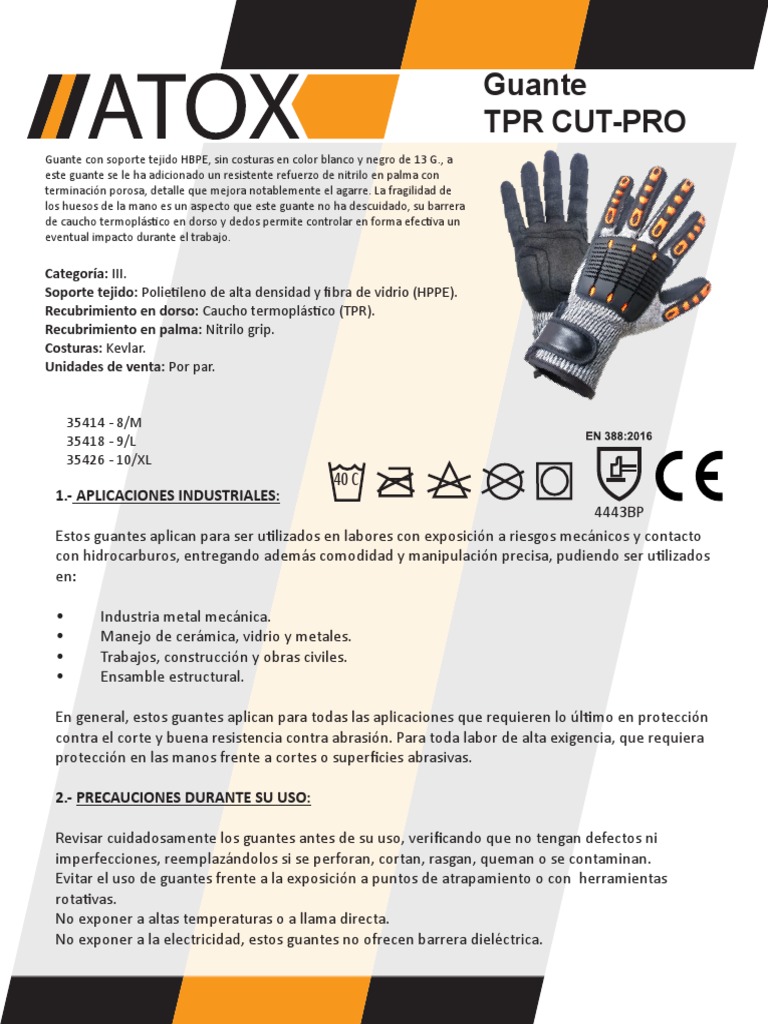 Ficha Proveedor - Guante Atox TPR Anticorte | PDF | Guante | Materiales