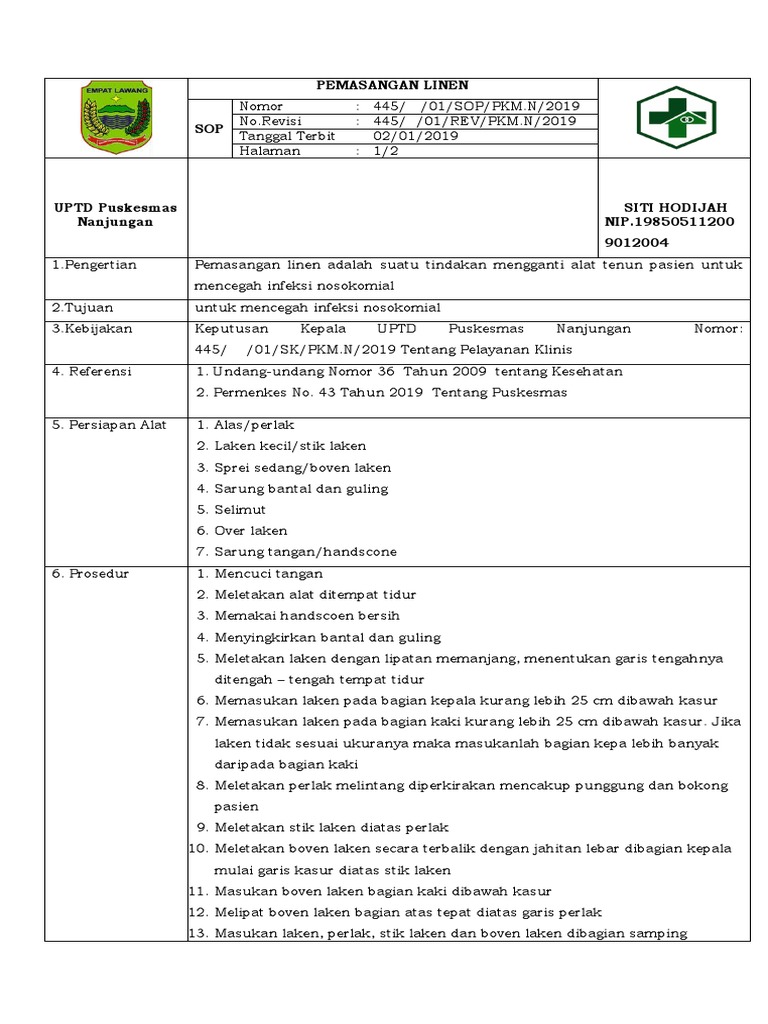 SOP Pemasangan Linen di Puskesmas | PDF