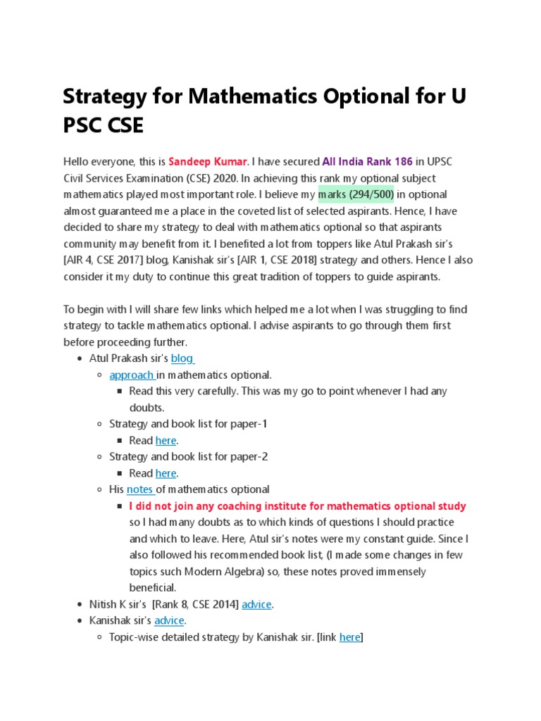 Strategy For Mathematics Optional For Upsc Cse Pdf Mathematics
