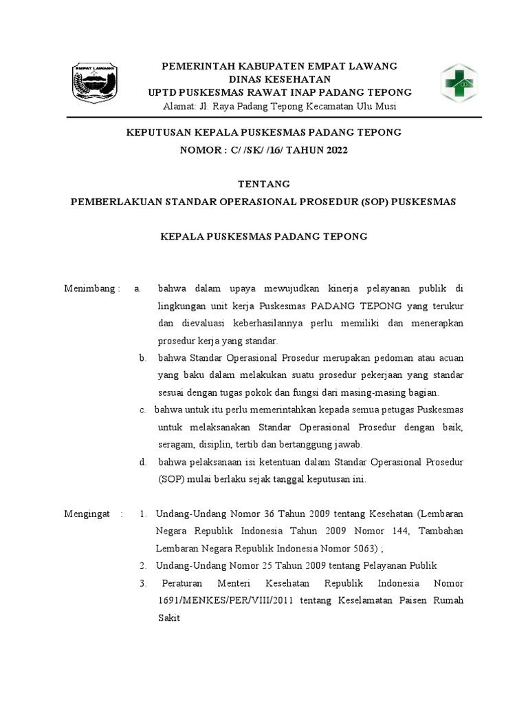 SK Pemberlakuan SOP Puskesmas | PDF | Pengembangan Diri