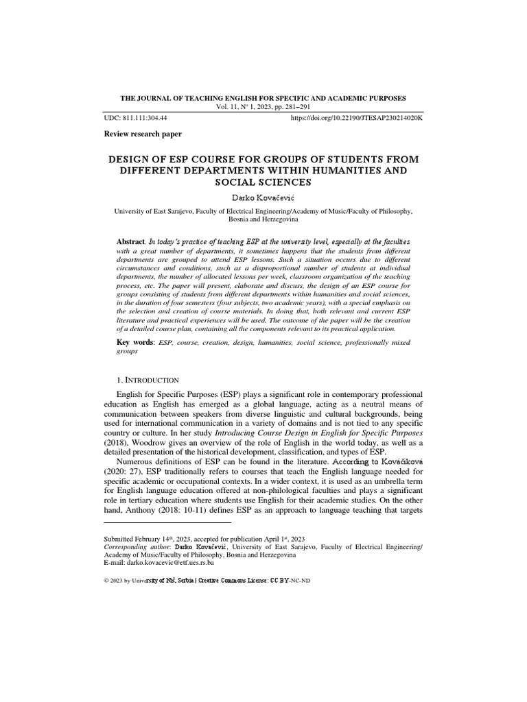 Design of Esp Course For Groups of Students From Different Departments ...