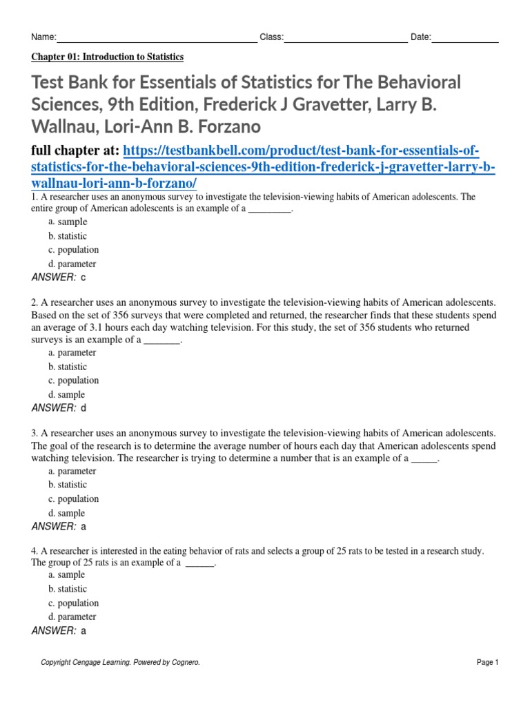 Test Bank For Essentials of Statistics For The Behavioral Sciences 9th ... Test Bank For Essentials of Statistics For The Behavioral Sciences 9th ...