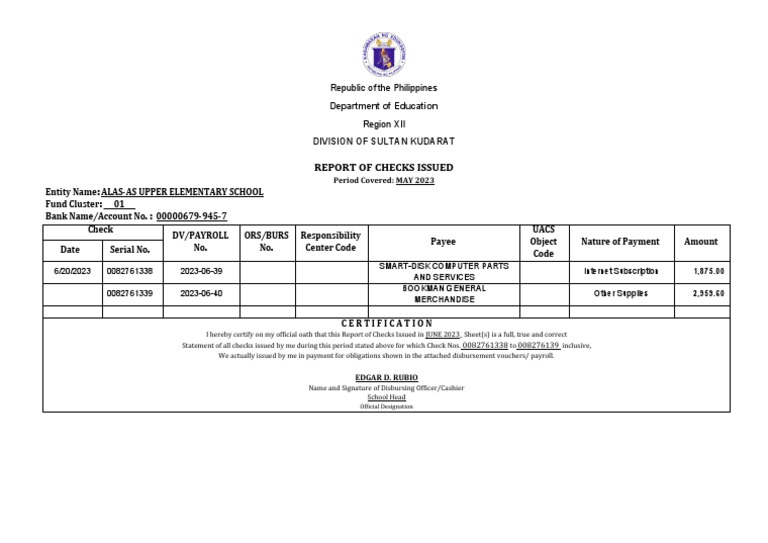 Report of Checks Issued 2023 | PDF | Business | Services (Economics)