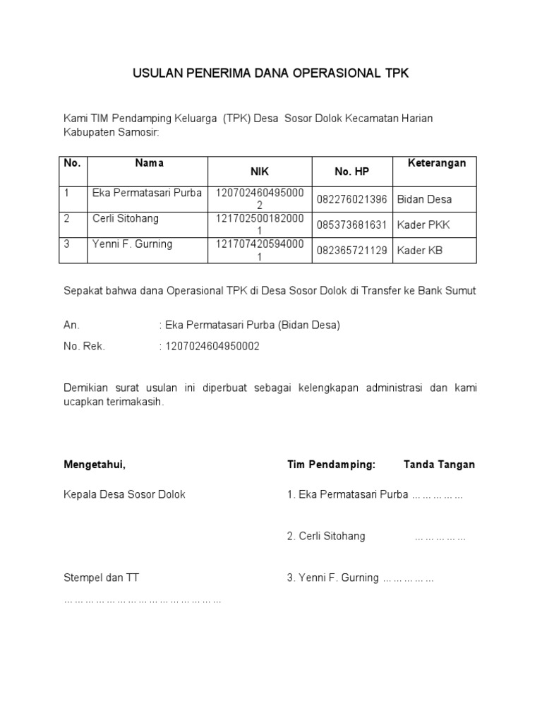 Usulan Dana Operasional TPK | PDF