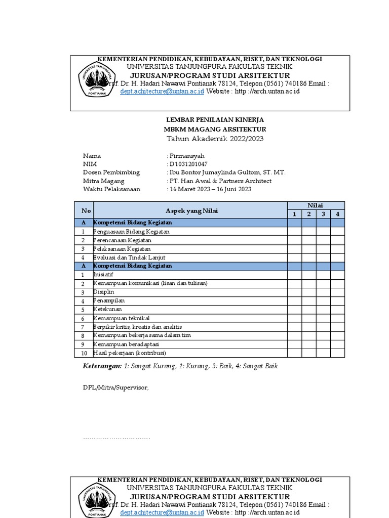 Lembar Penilaian Kinerja MBKM Magang Arsitektur | PDF