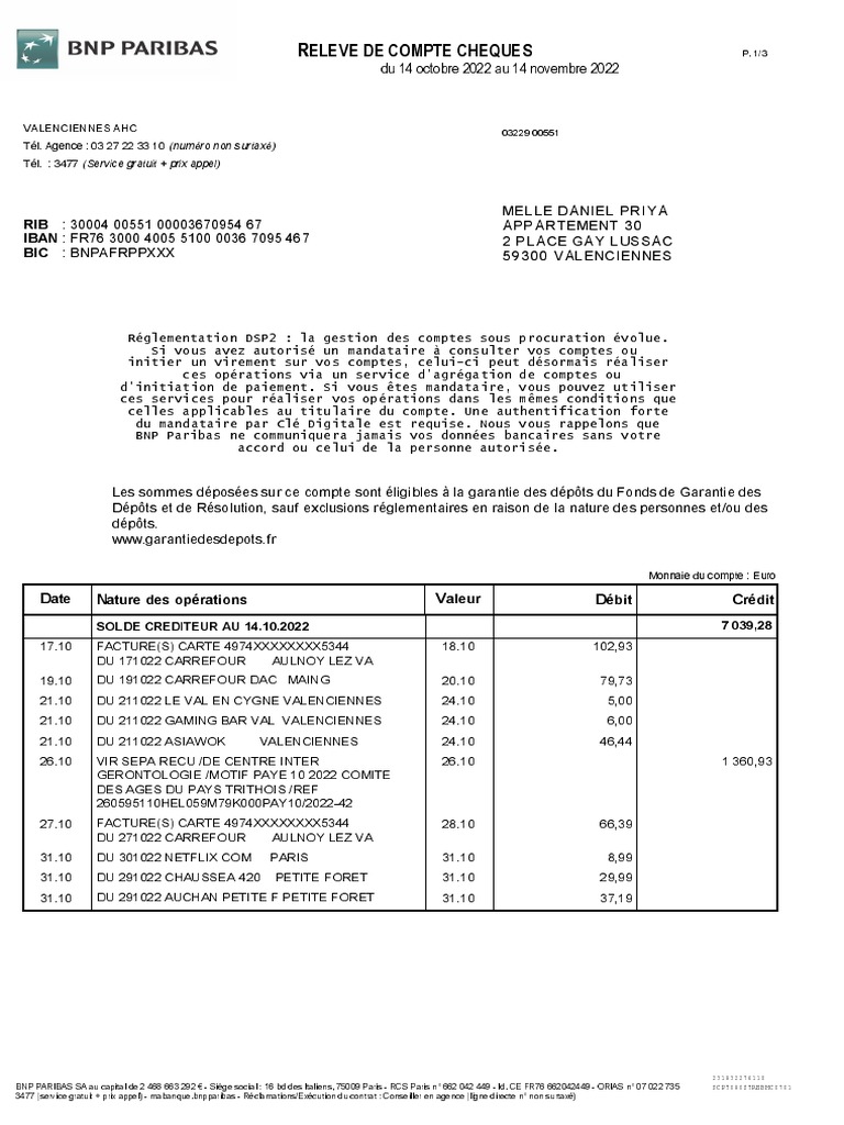 Relevé de Compte BNP Paribas Oct-Nov 2022 | PDF | Banques | Services ...