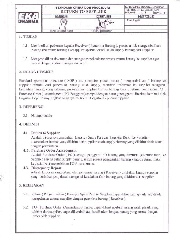 SOP Return To Supplier | PDF