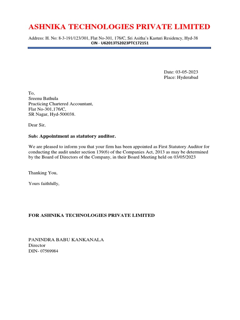 Intimation To Auditor | PDF