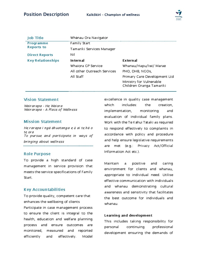 Family Start - Community Support Worker Description Whaiora | PDF ...