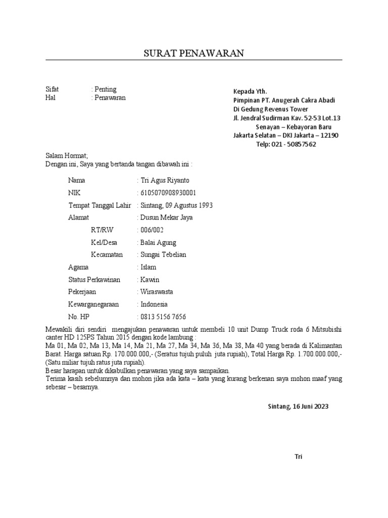 Surat Penawaran Lelang 2 | PDF