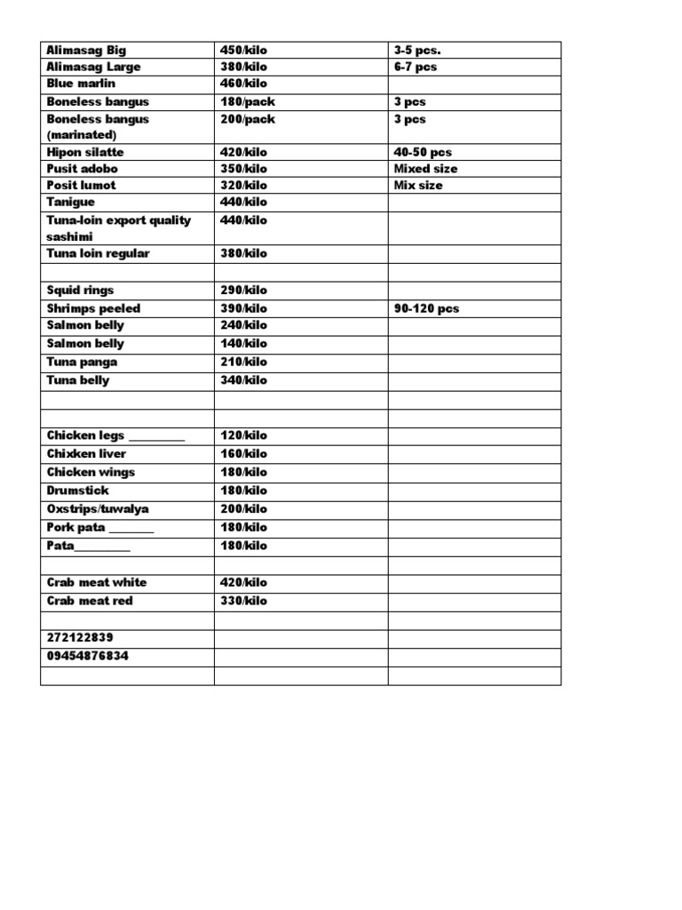 Seafood Price List 2024 | PDF