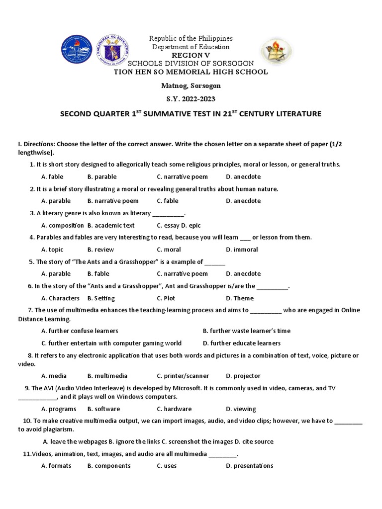 21st Century Literature Test Guide | PDF | Multimedia | Information ...