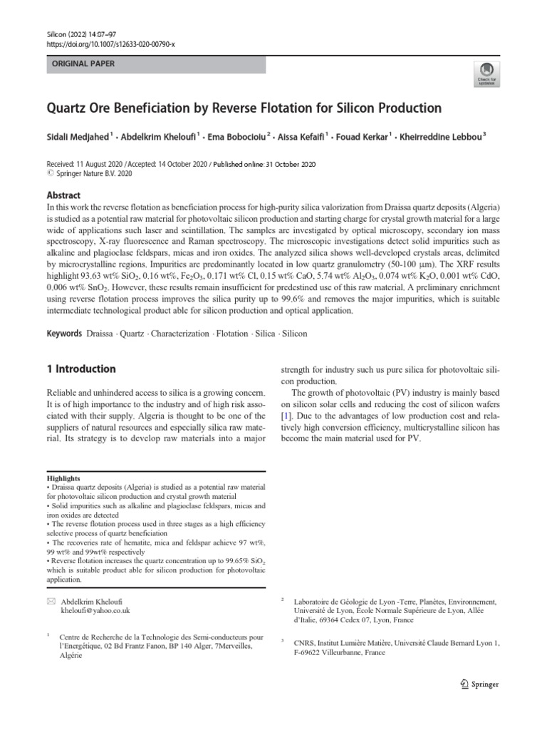 Quartz Ore Beneficiation by Reverse Flotation For Silicon Production | PDF | Minerals | Silicon ...