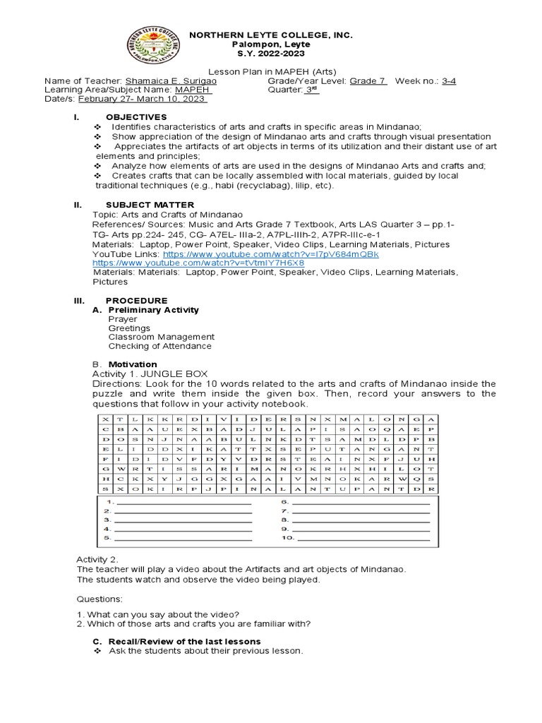 Lesson Plan in 2arts 7 | PDF | Lesson Plan | Philippines