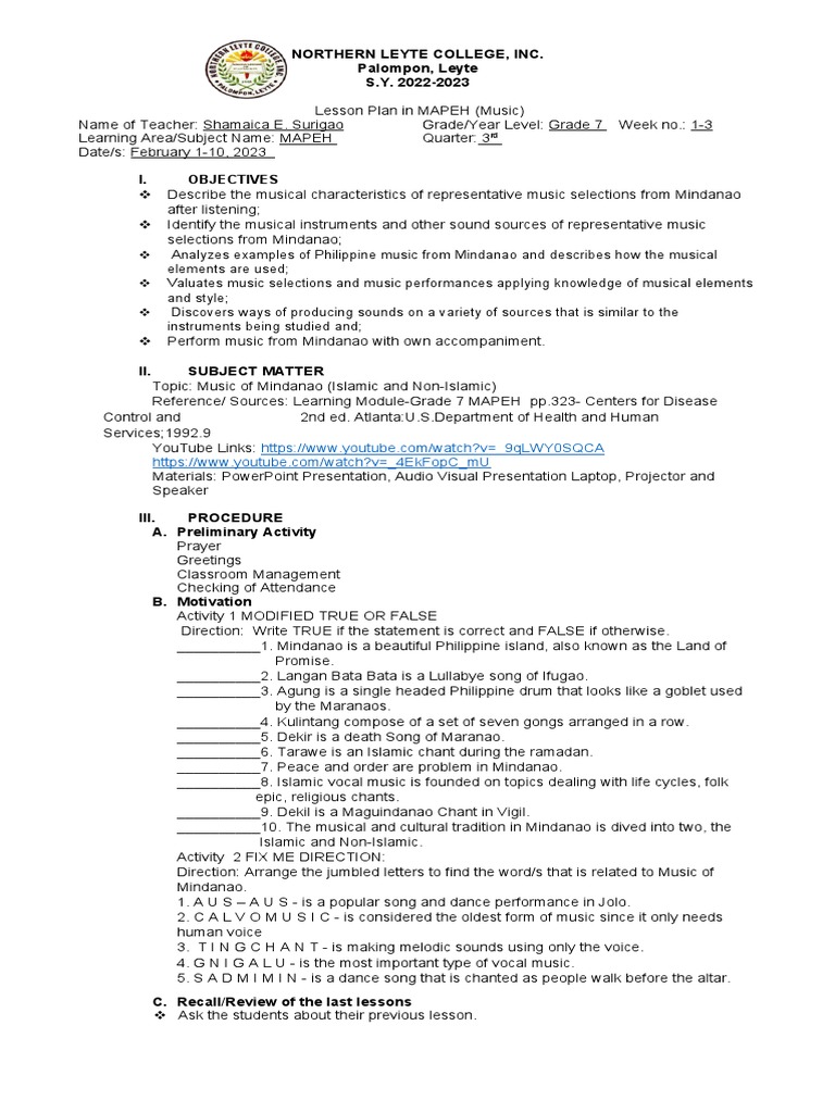 Lesson Plan in 1music 7 | PDF | Musical Instruments | Music Technology