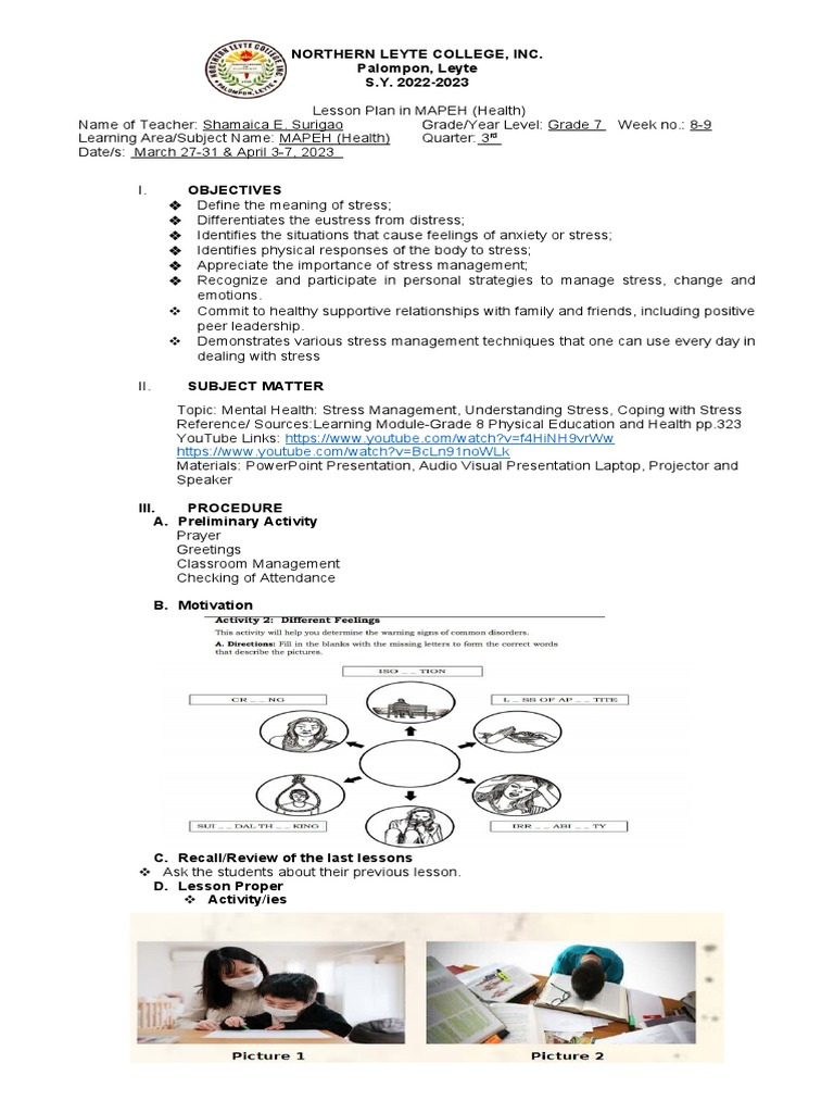 Lesson Plan in 4health 7 | PDF | Stress (Biology) | Mental Health