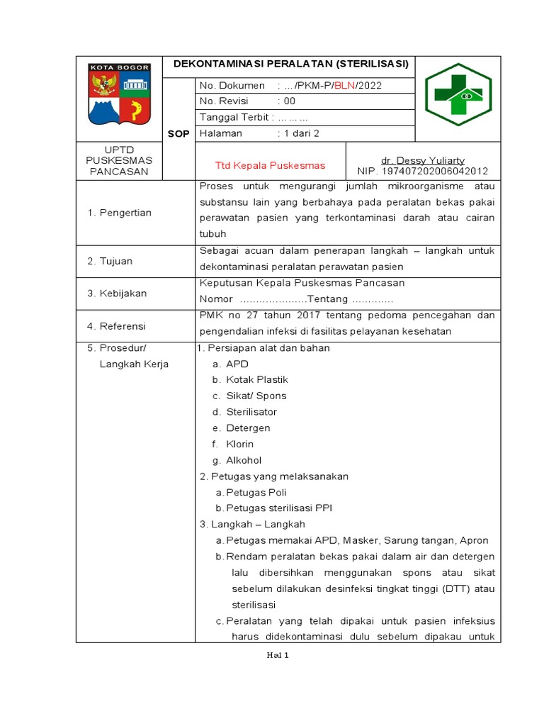 SOP Dekontaminasi Peralatan (Sterilisasi) | PDF | Kesehatan Holistik | Sains & Matematika