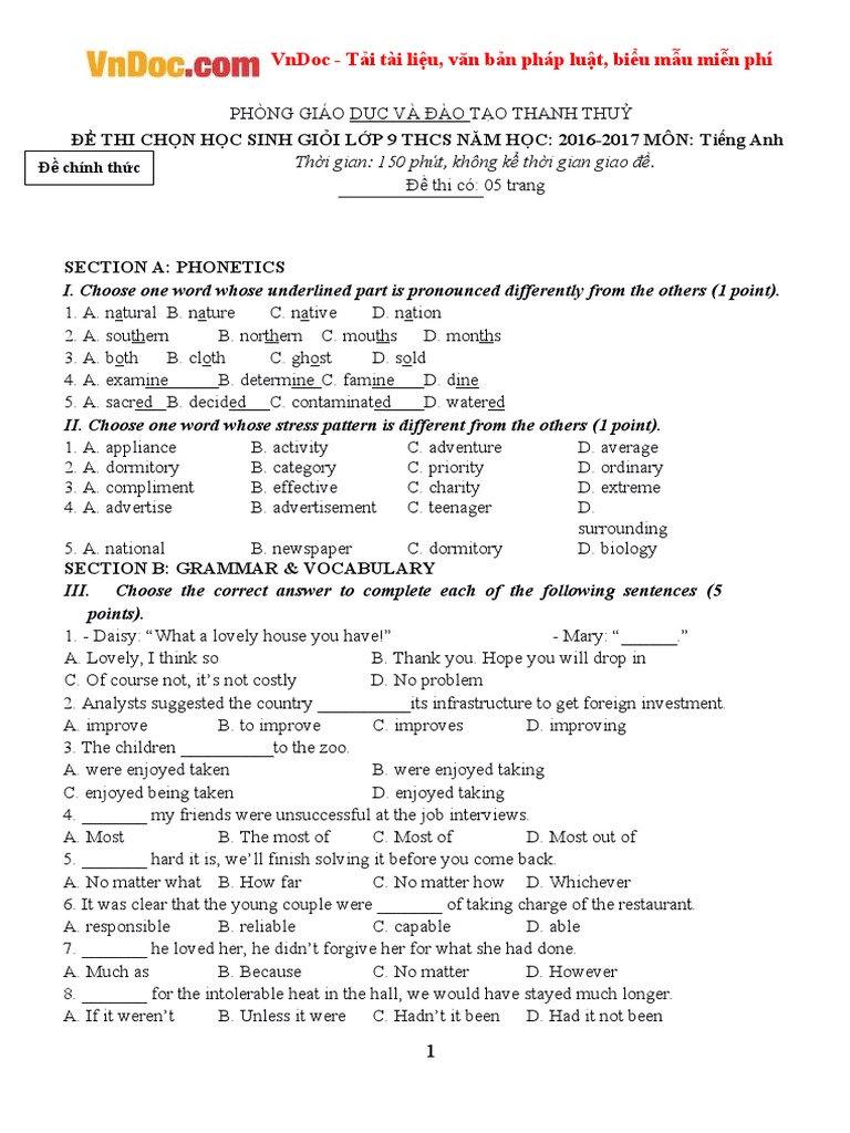 Bo de Thi Hoc Sinh Gioi Mon Tieng Anh Lop 9 Co Dap An So 1 | PDF | Solar Power | Photovoltaics