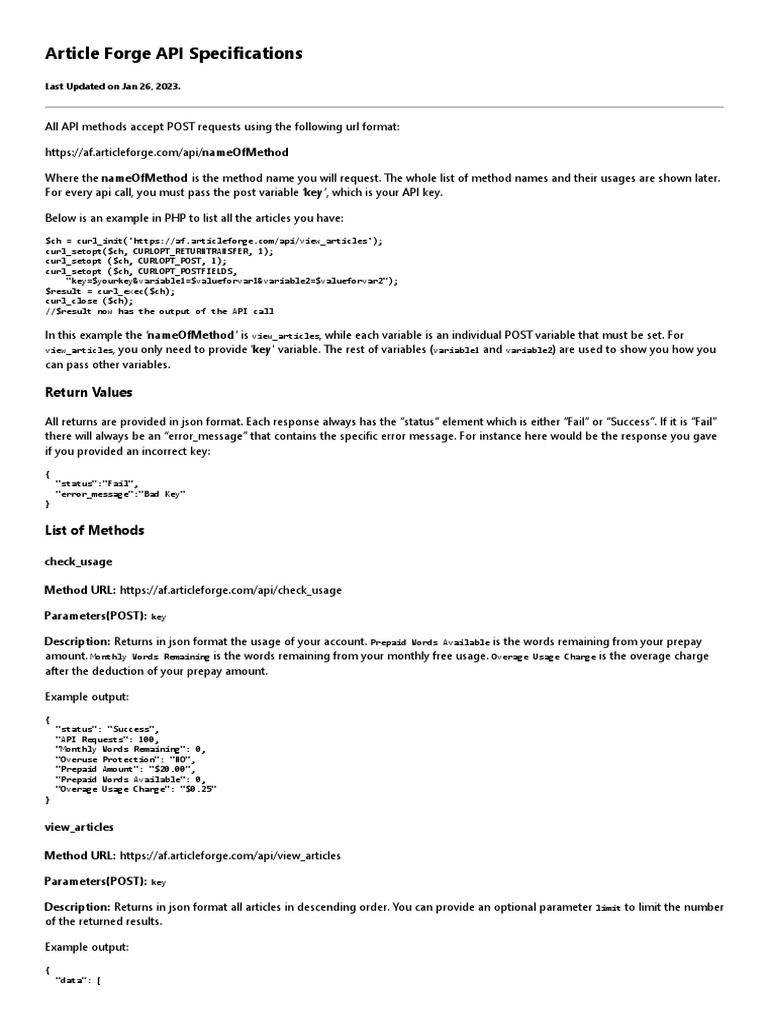 Article Forge API Documentation-New | PDF | Parameter (Computer Programming) | Bracket