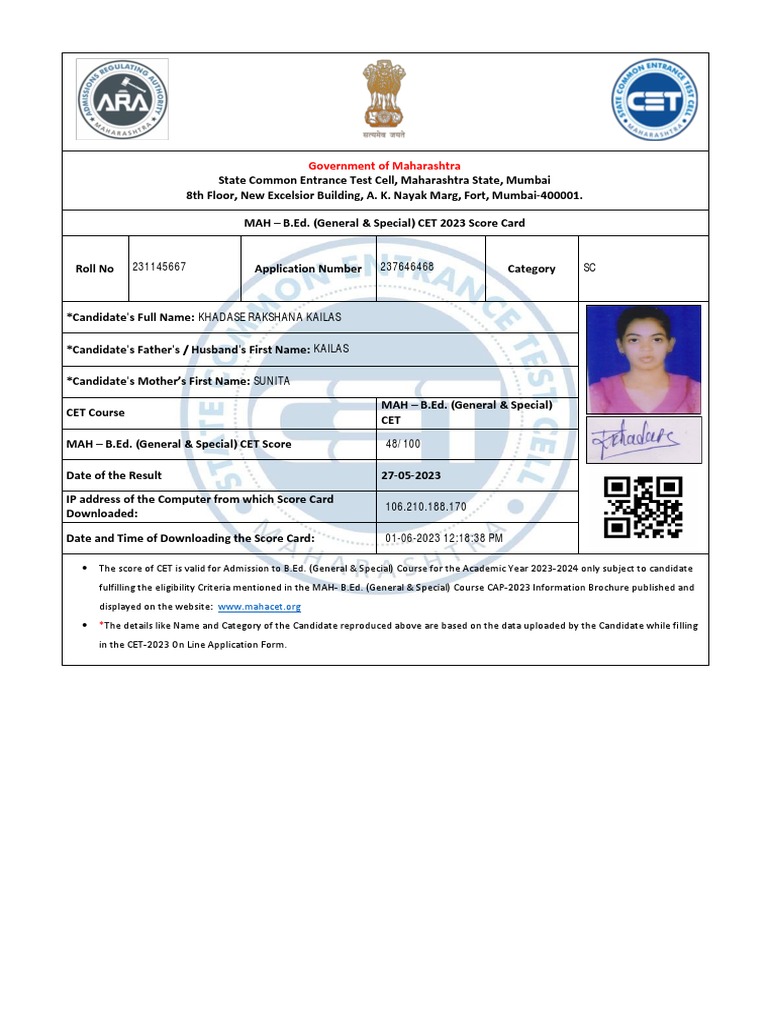 MAH B.Ed. CET 2023 Score Card | PDF