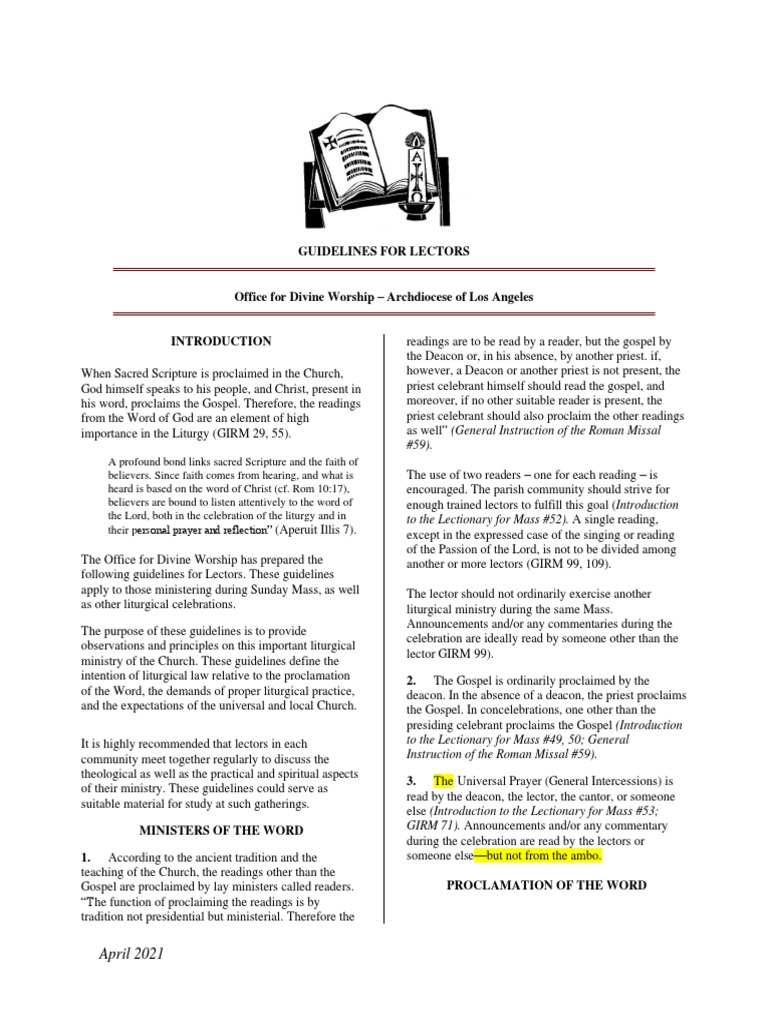 Guidelines For Lectors Apil 2021 | PDF | Mass (Liturgy) | Lectionary