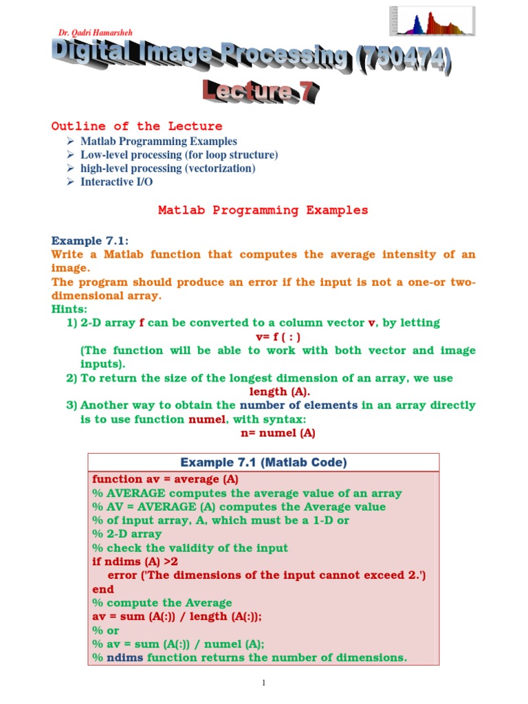 Lecture 7 Introduction To M Function Programming Examples | PDF | Matrix (Mathematics) | Matlab