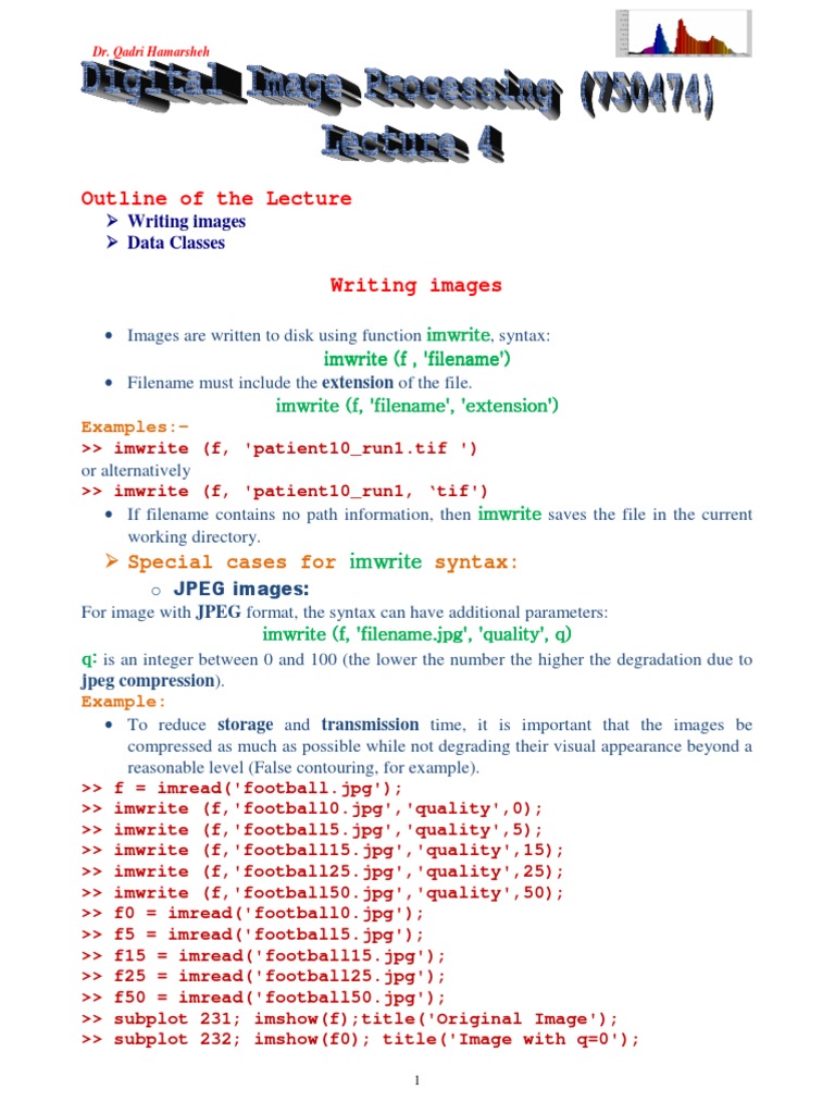 Lecture 4 Writing Images and Data Classes | PDF | Integer (Computer ...