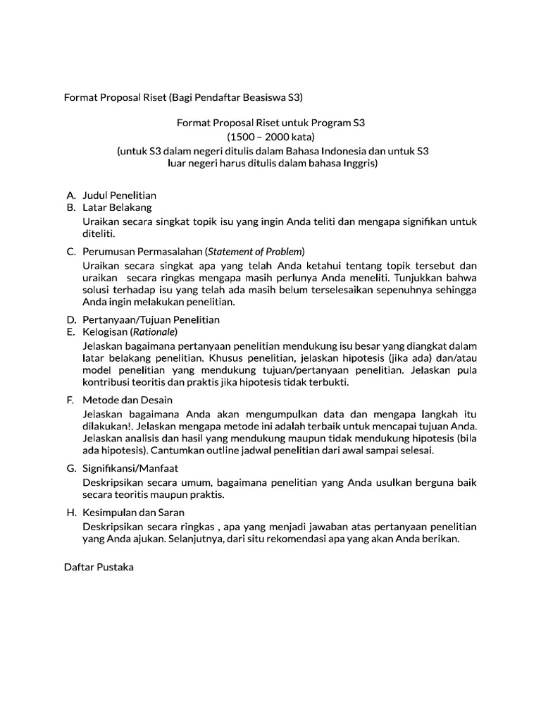 04 Format Rencana Proposal Riset Bagi Pendaftar Beasiswa Program Doktor | PDF