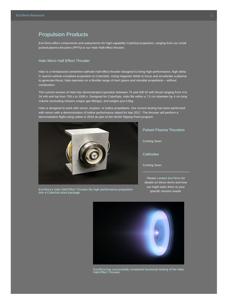 Satsearch Sfgnyn Exoterra Halo Micro Hall Effect Thruster | Download ...