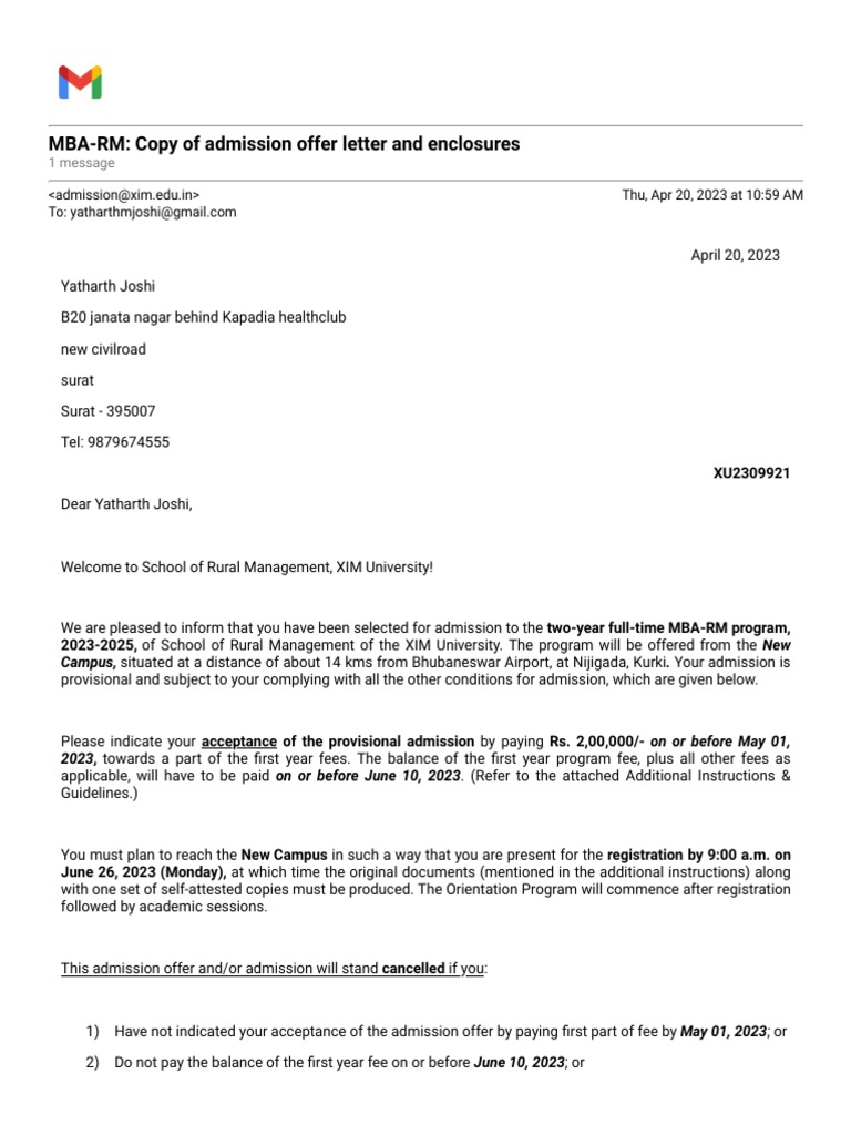Gmail - MBA-RM - Copy of Admission Offer Letter and Enclosures | PDF ...