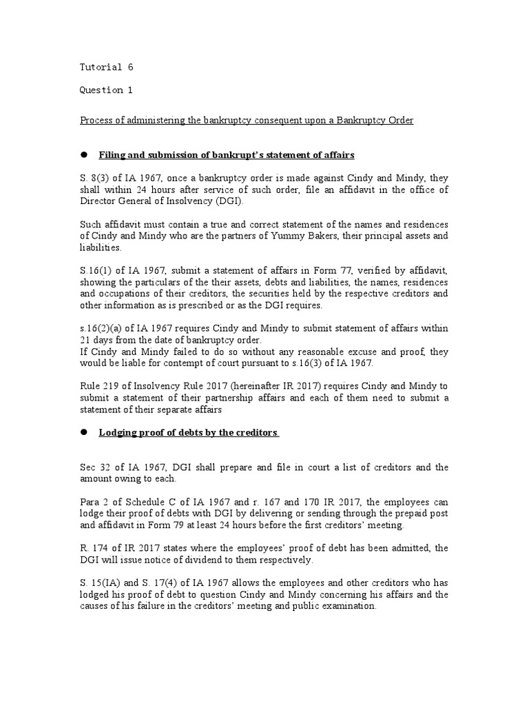 Tutorial 6 Question 1 (Group 3) | PDF | Bankruptcy | Civil Law (Legal ...