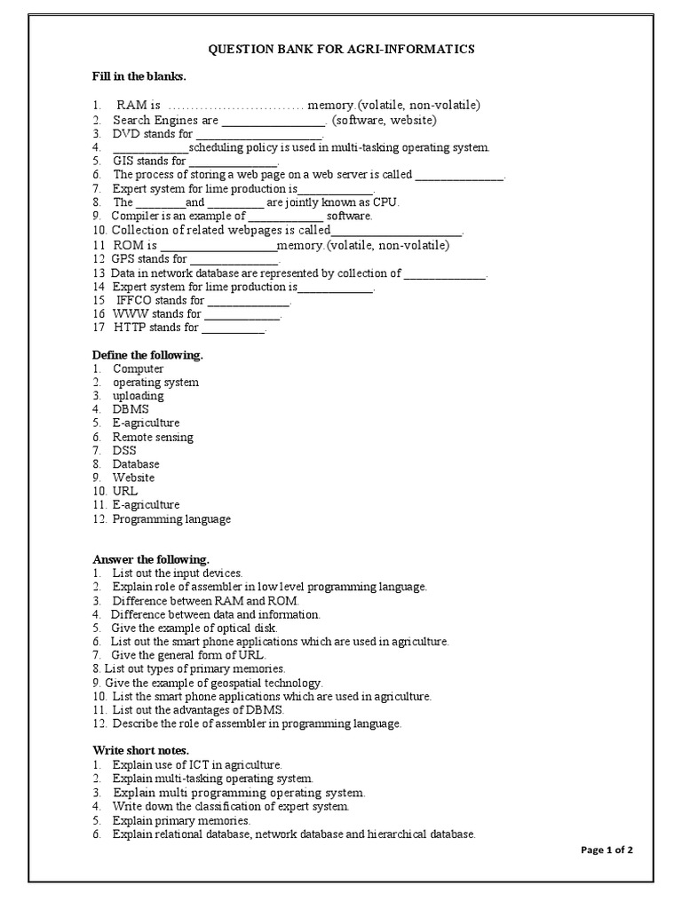 Question Bank For Agri-Informatics | PDF | Databases | Computer Data Storage
