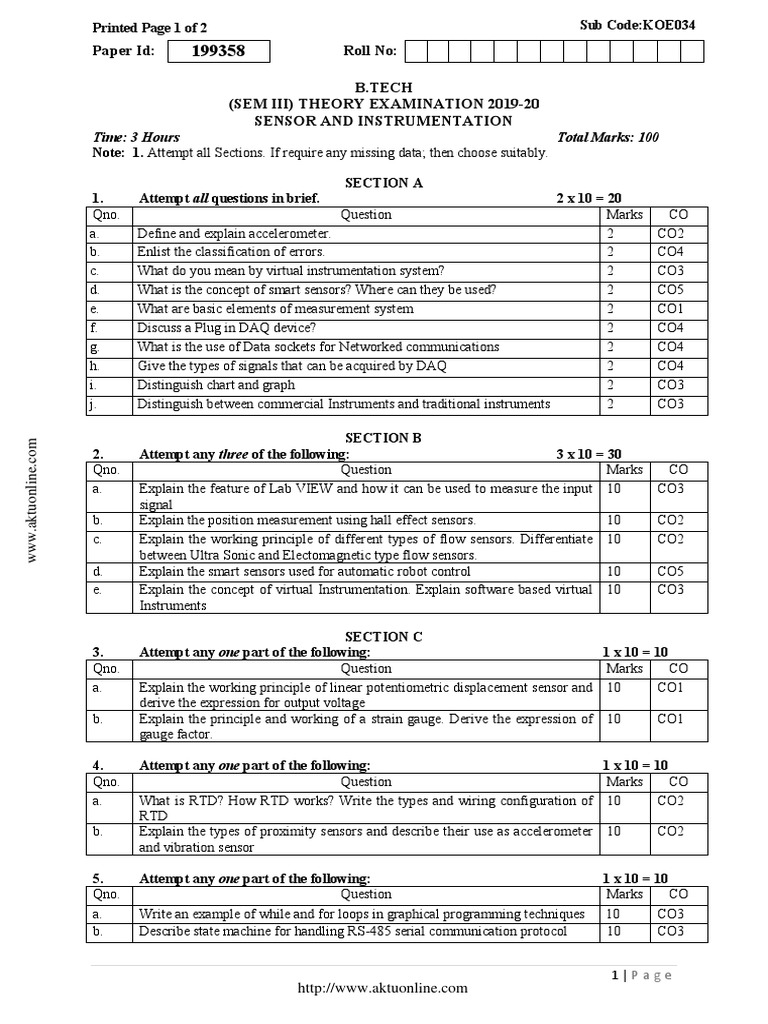 Btech 3 Sem Sensor and Instrumentation Koe034 2020 | PDF ...