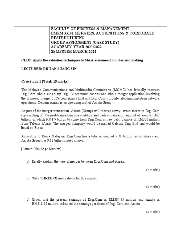 BMFM 33141 Group Assignment (Case Study) March 2022 | PDF | Mergers And Acquisitions | Financial ...