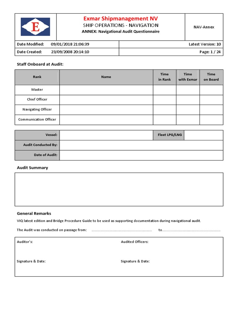 ANNEX - Navigational Audit Questionnaire | PDF | Navigation | Maritime ...